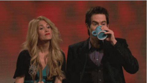 snl, bill hader, kristen wiig, spit take – GIF