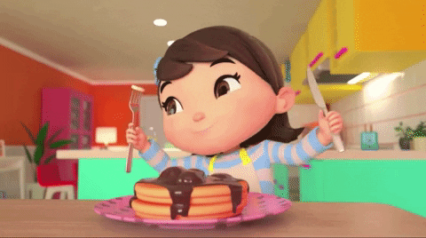 happy, girl, excited, eating, chocolate, yummy, breakfast, pancakes ...
